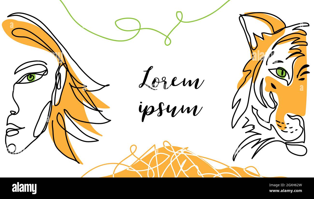 Tiger and woman half face, head drawing. Vector illustration, banner ...