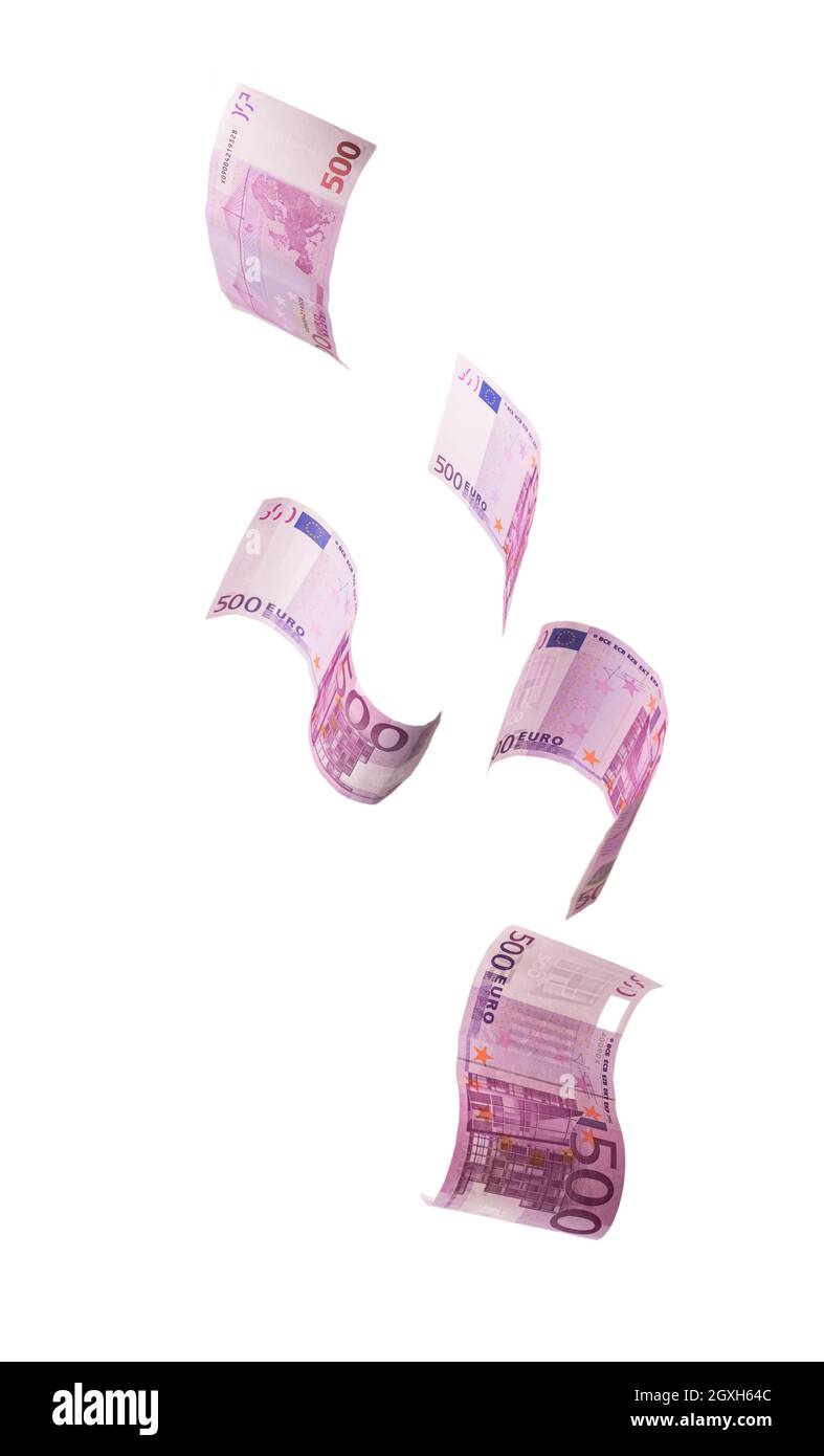 Fly Five hundred euro banknotes (isolated on white and clipping path ...