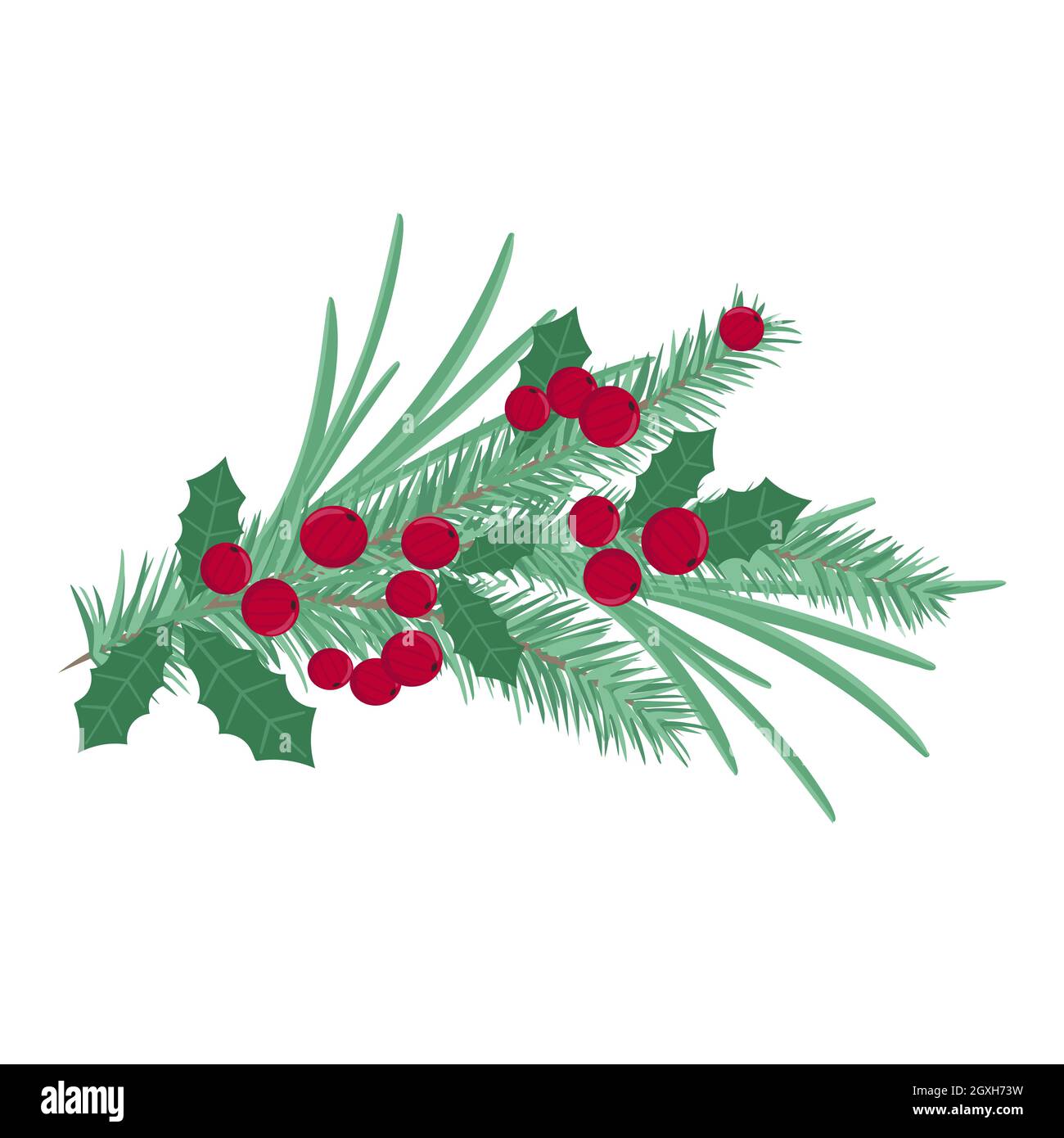 Spruce branch decorated with red berries and holly. New Year's spruce ...