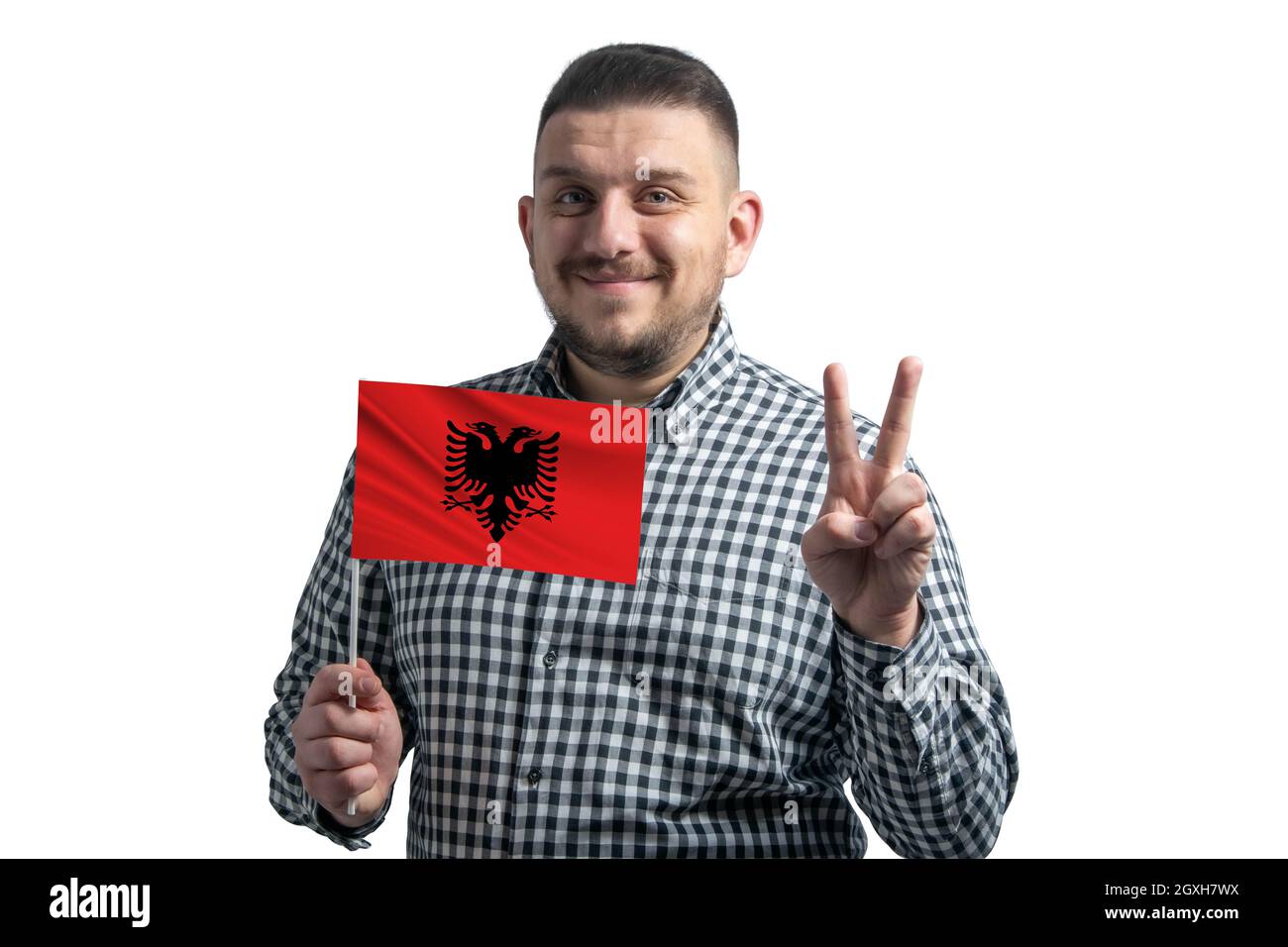 White guy holding a flag of Albania and shows two fingers isolated on a ...