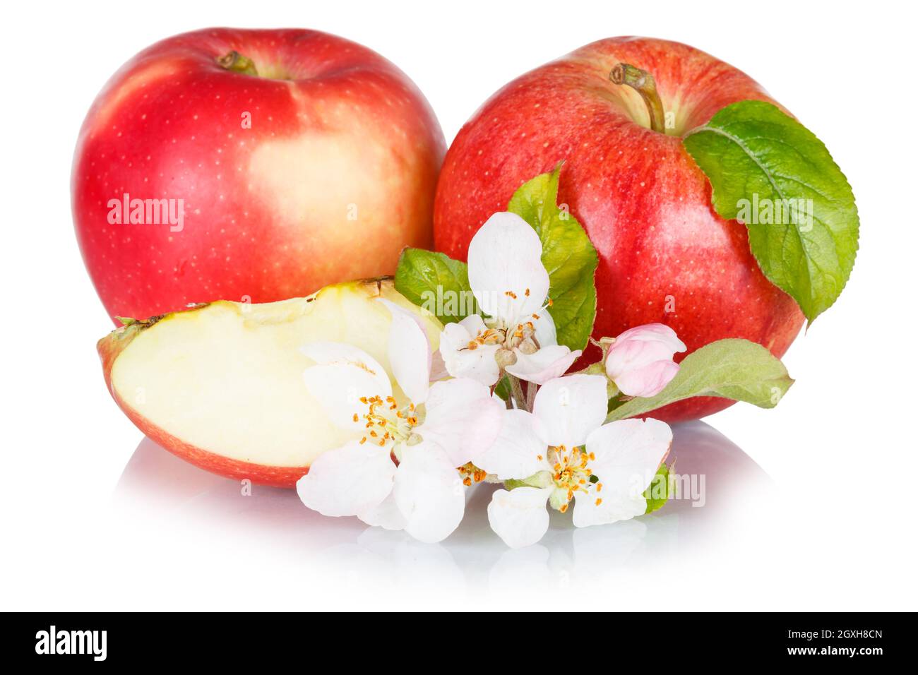 Apples fruits red apple fruit with leaves and blossoms isolated on a ...