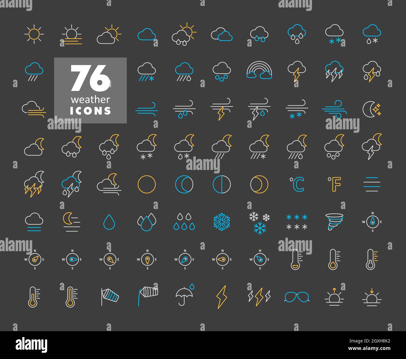 Vector weather forecast icon set on dark background. Meteorology sign ...