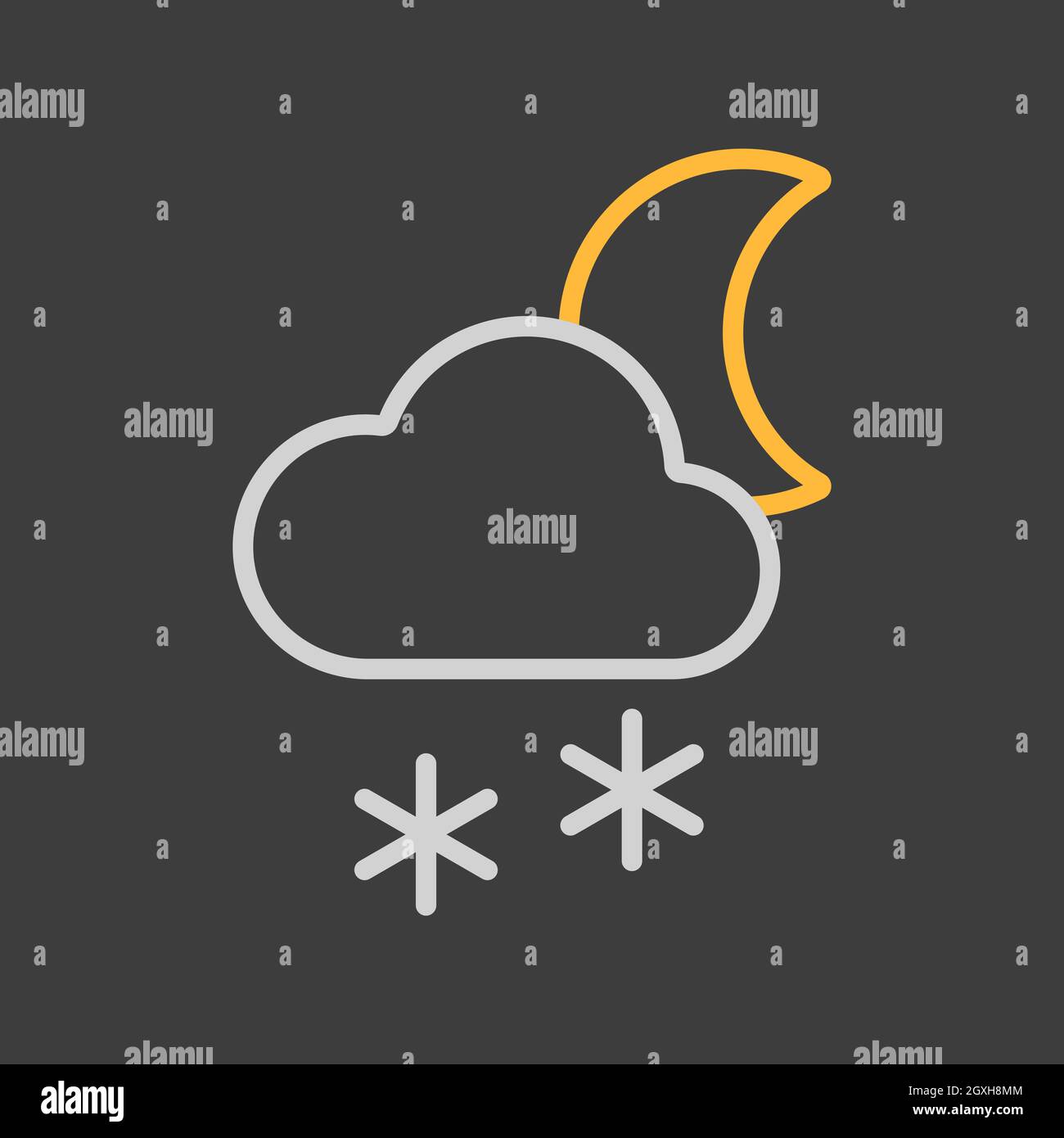 Cloud with snow moon outline icon on dark background. Meteorology sign ...