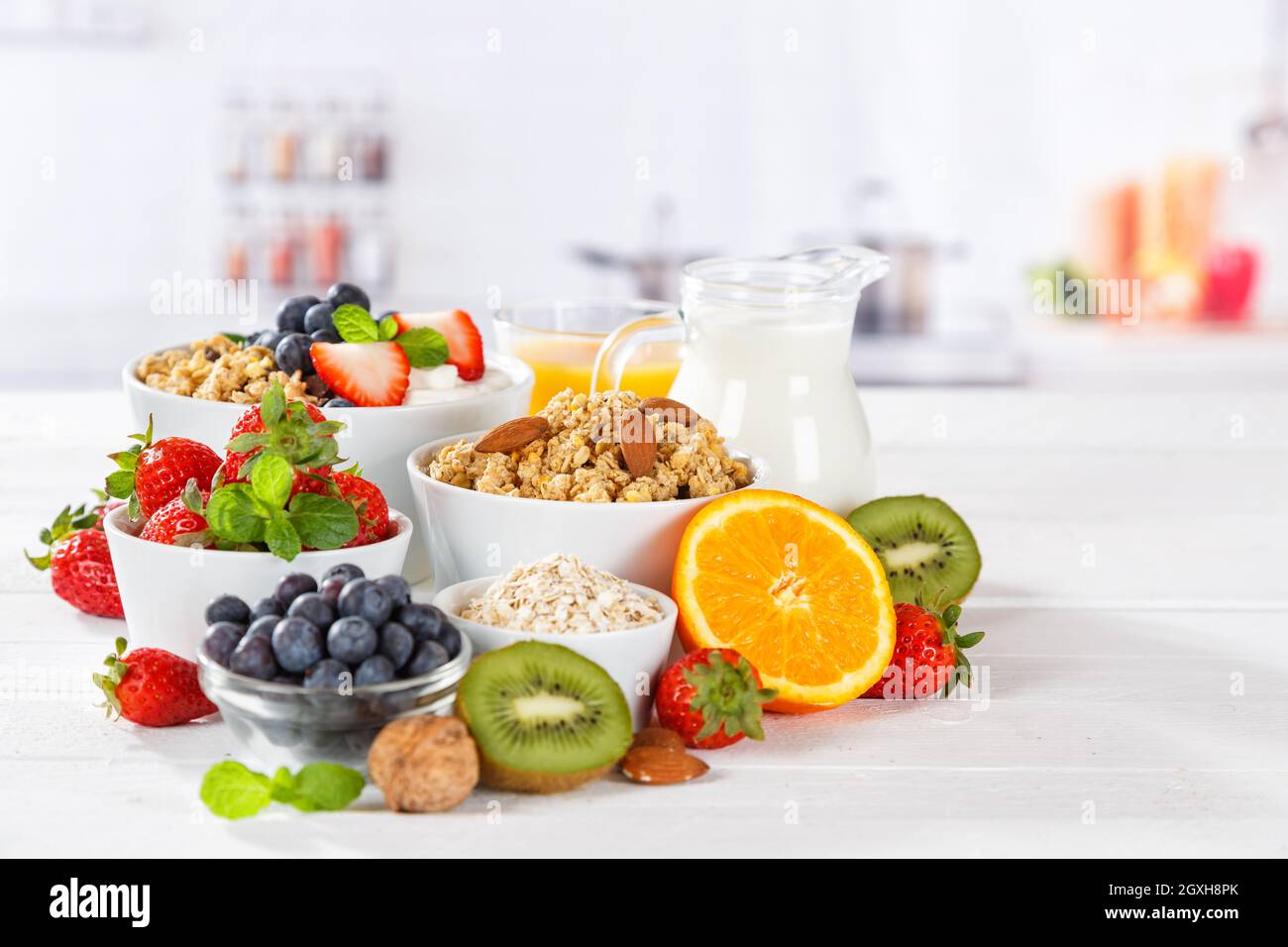 Healthy breakfast strawberry yogurt fruit bowl pot eating yoghurt food ...