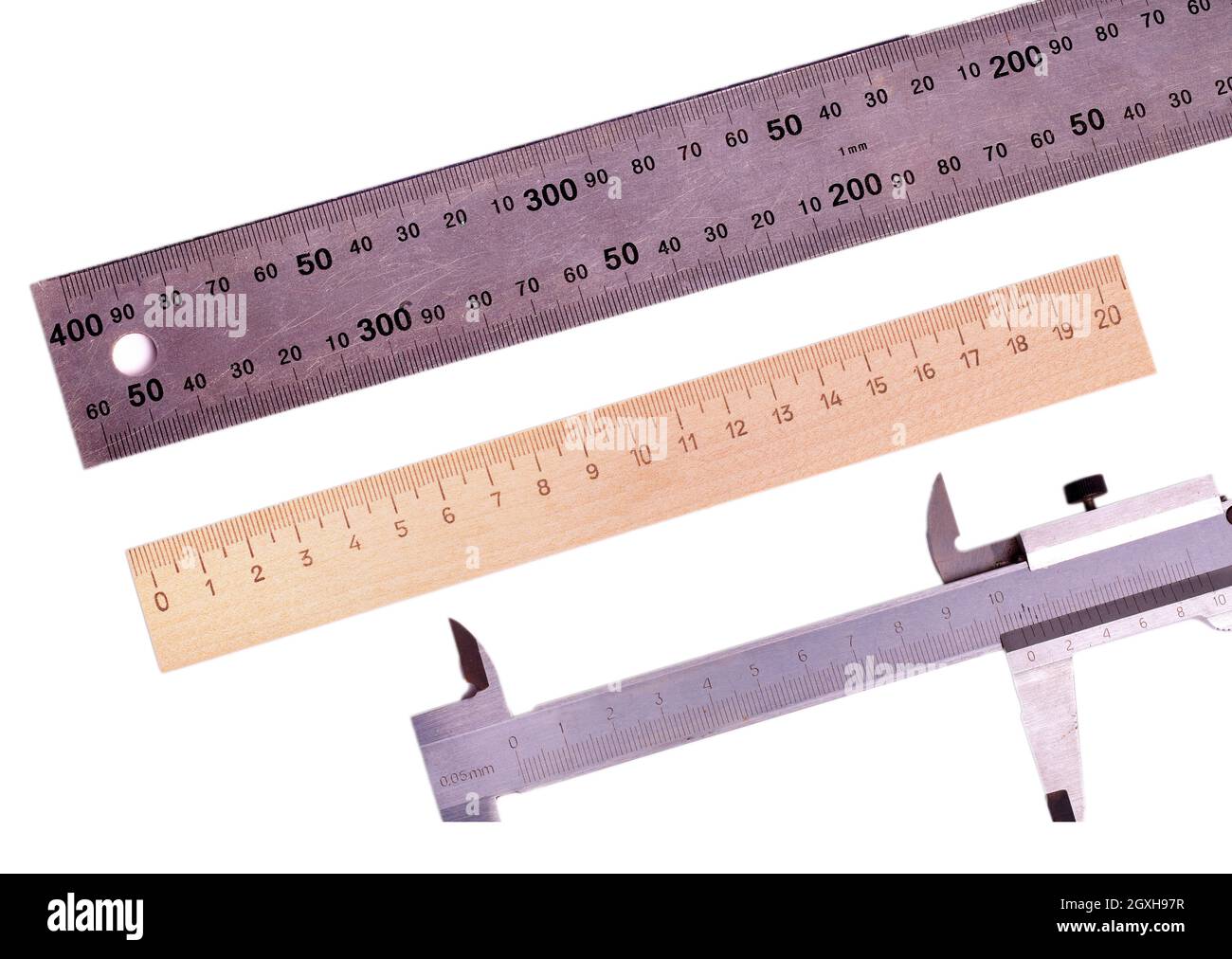 rulers and Vernier caliper carved on a white background Stock Photo - Alamy