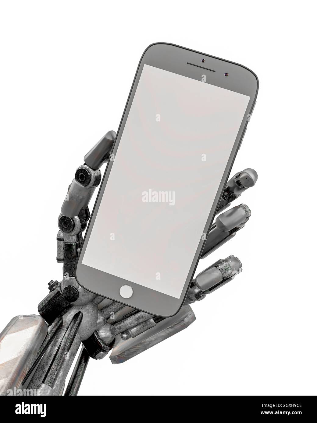 mega drone soldier robot is holding a cellphone with a white screen ...