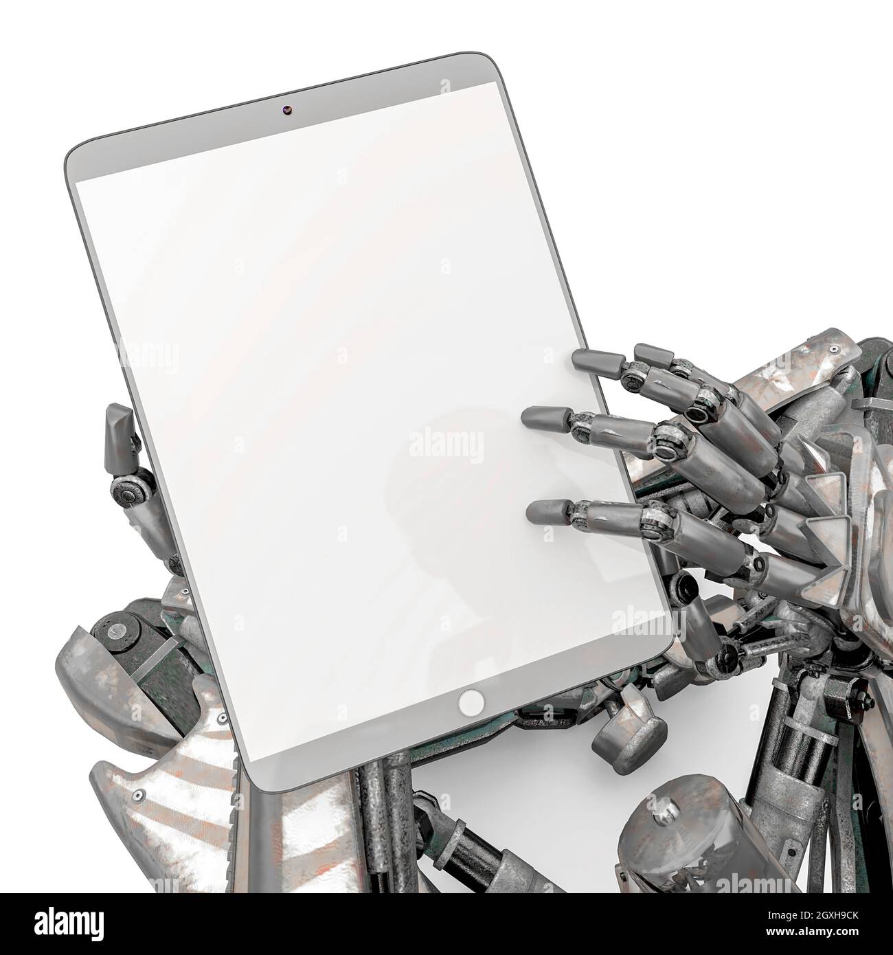 mega drone soldier robot is using a tablet with white screen close up ...