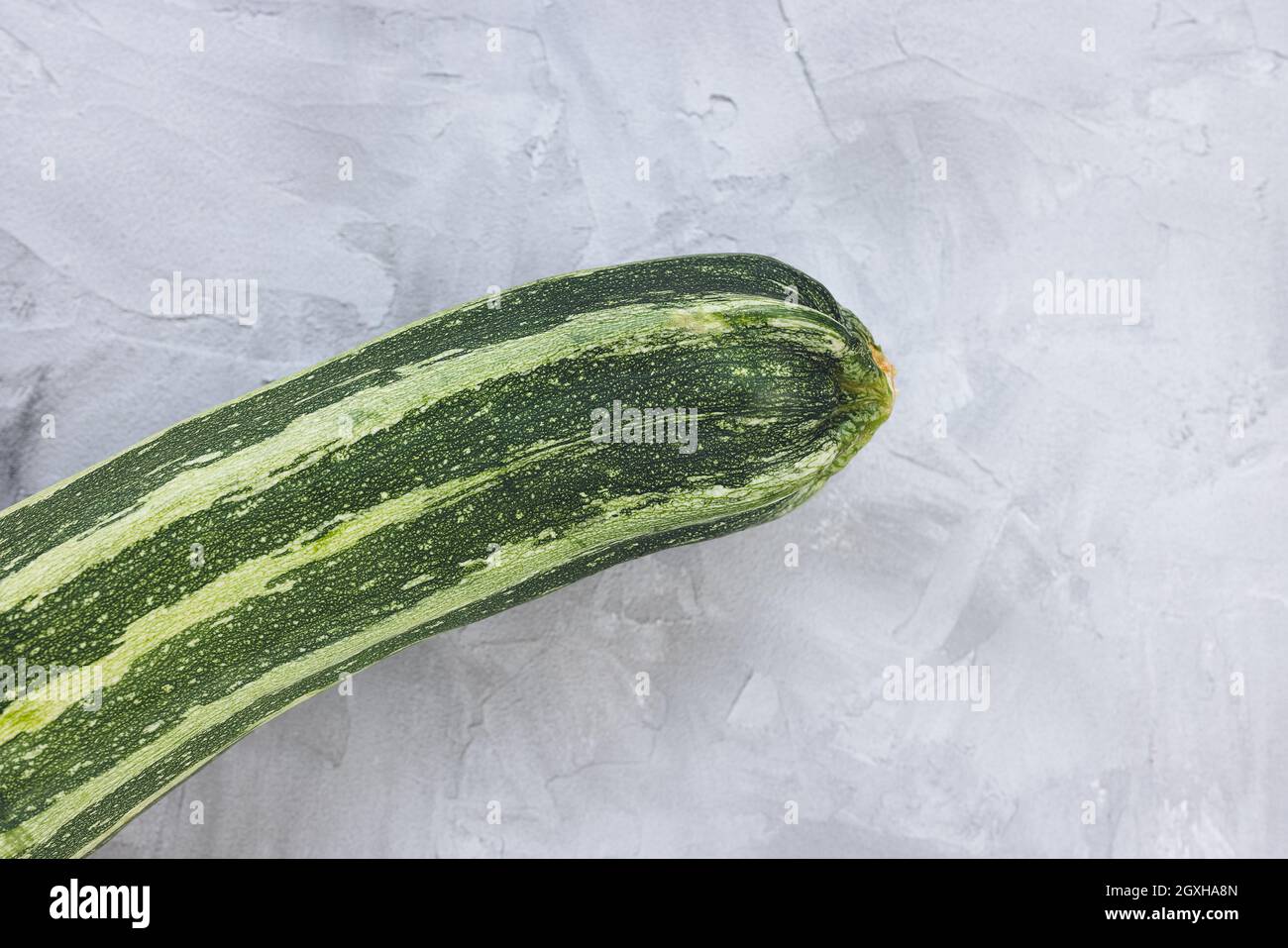 Fresh green striped zucchini on gray background. Close up, selective ...