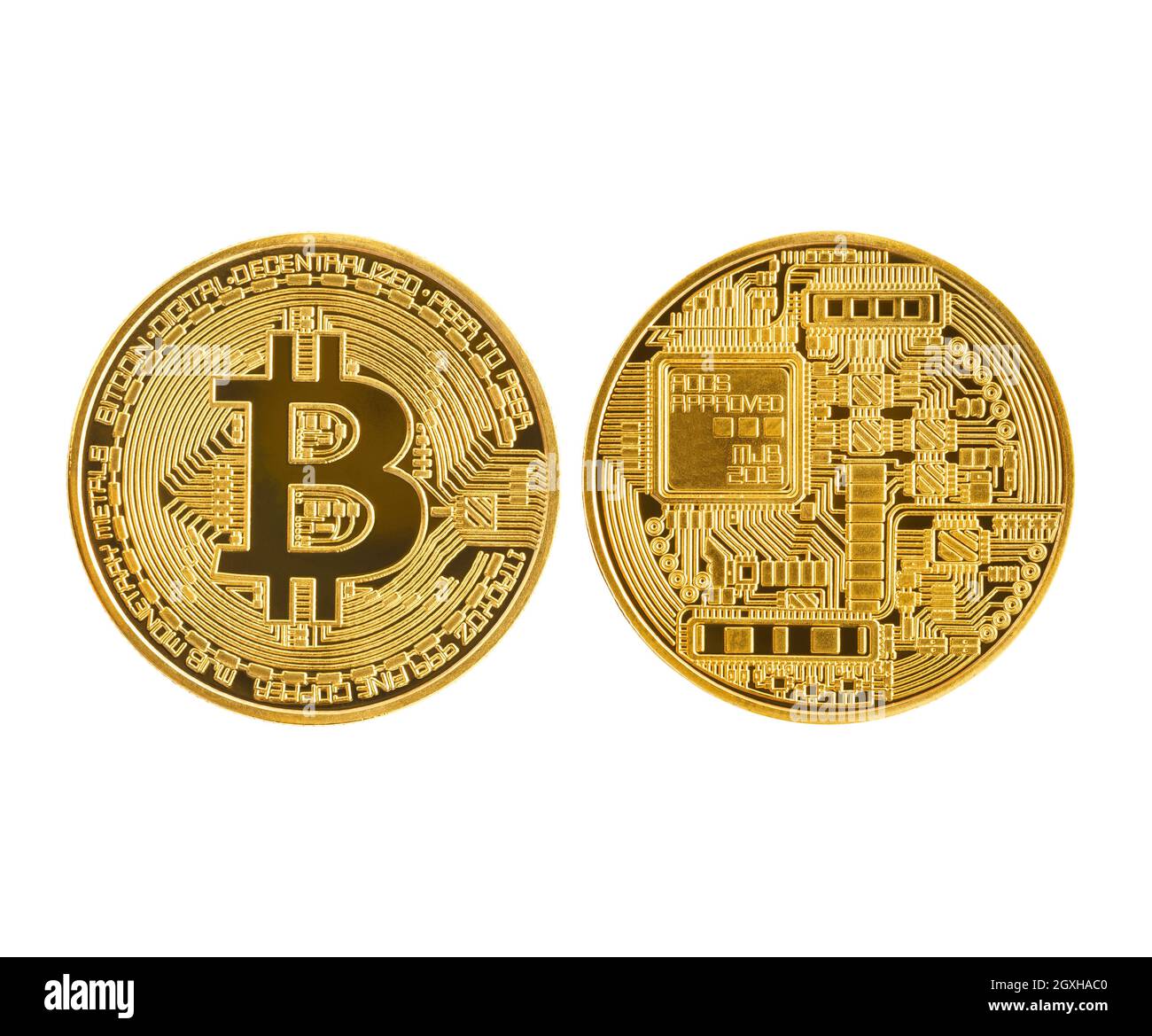 Front and back golden bitcoin symbol isolated on white background Stock ...