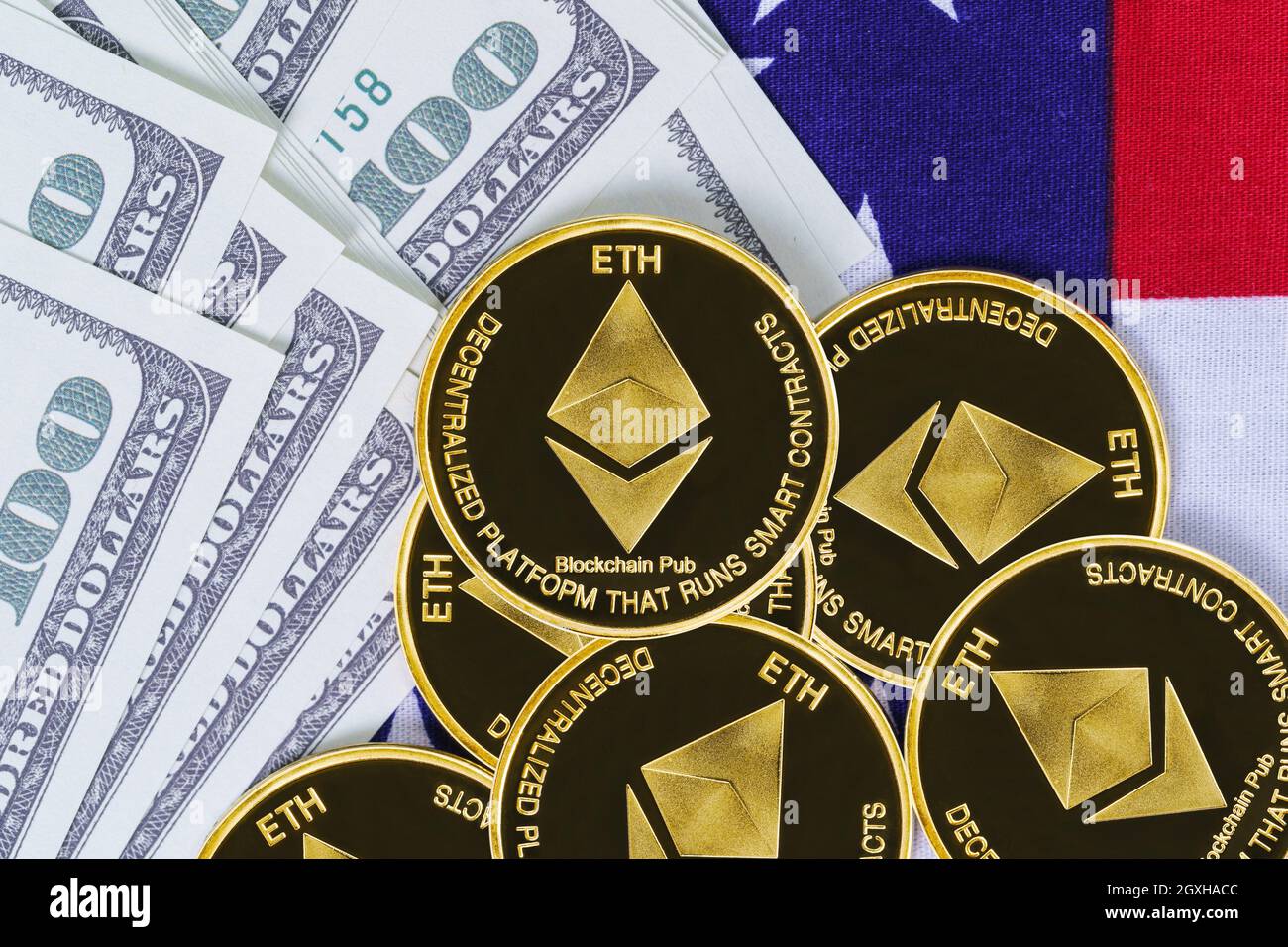 Crypto currency concept. Gold Ethereum coin and banknote on flag of ...