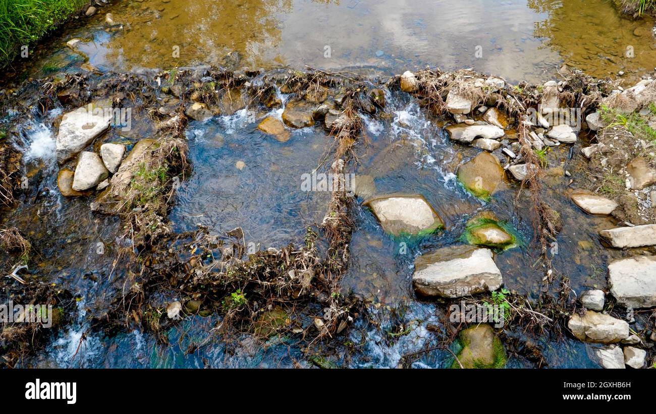 Top view of dirty and polluted mountain river. COncept of ecology ...