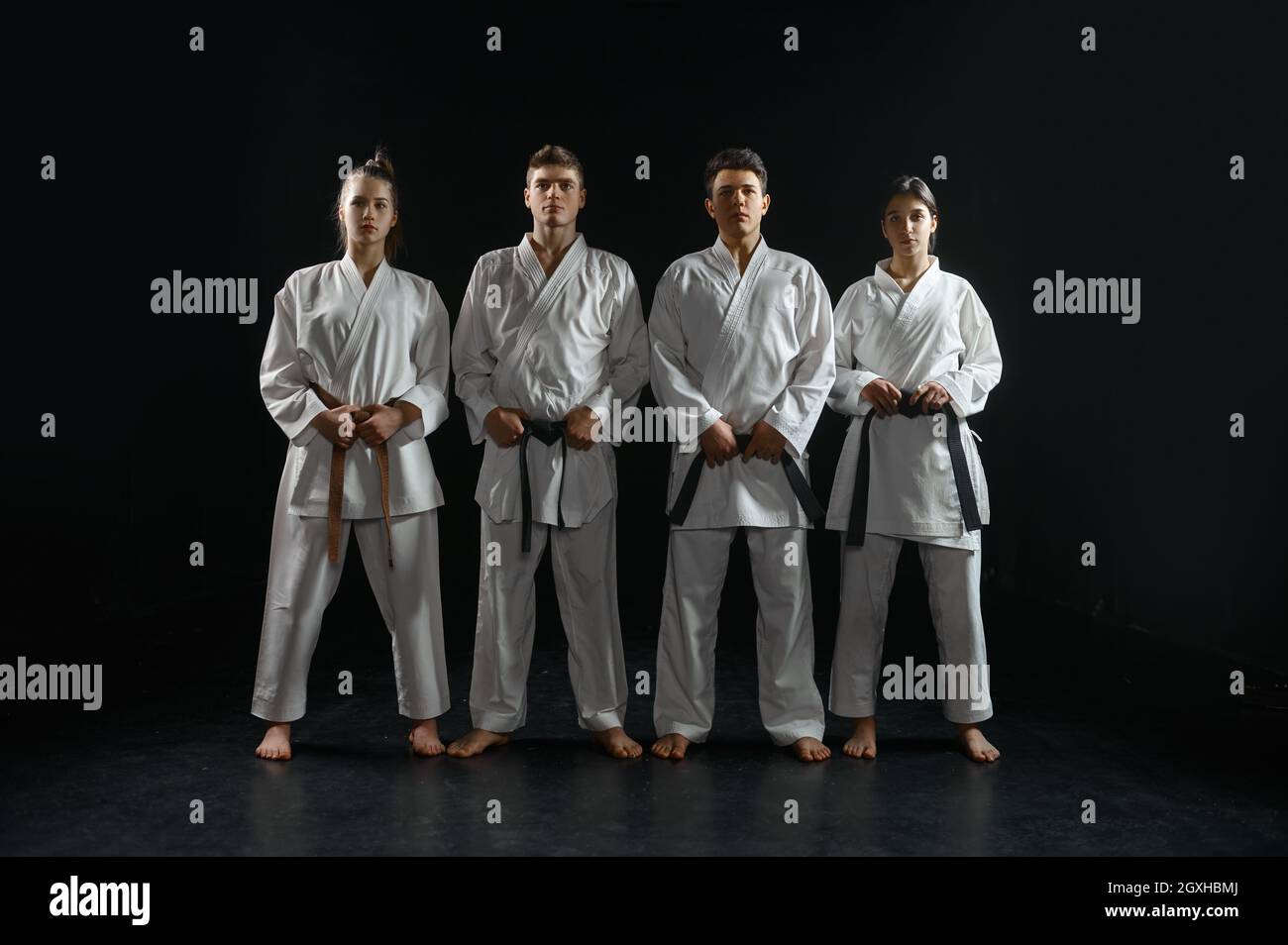 Four karatekas in white kimono, group training, dark background. Karate ...