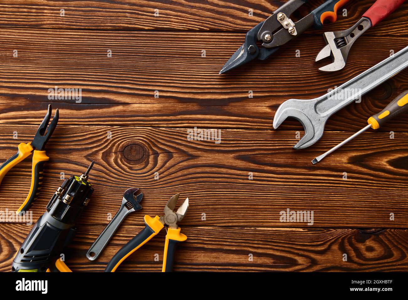 Workshop tools, macro view, wooden background, nobody. Professional ...