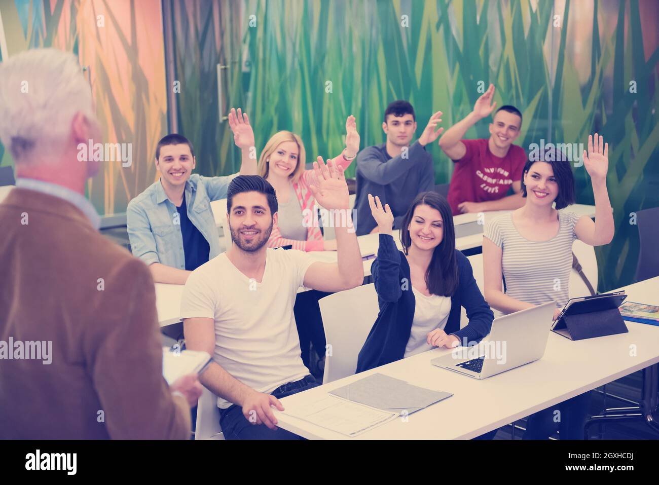 group of students study with professor in modern school classroom Stock ...
