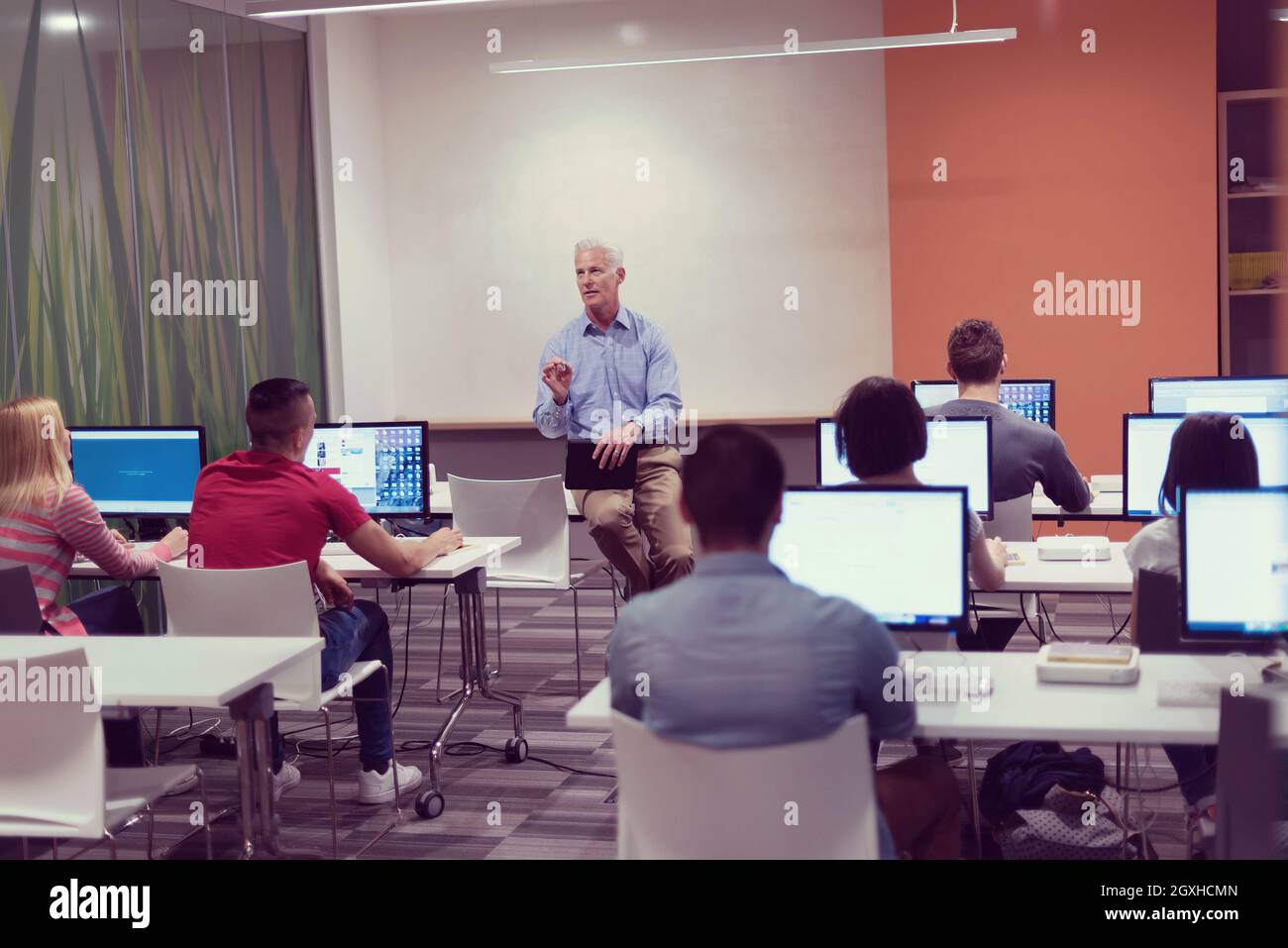 handsome mature teacher and students in computer lab classroom Stock ...