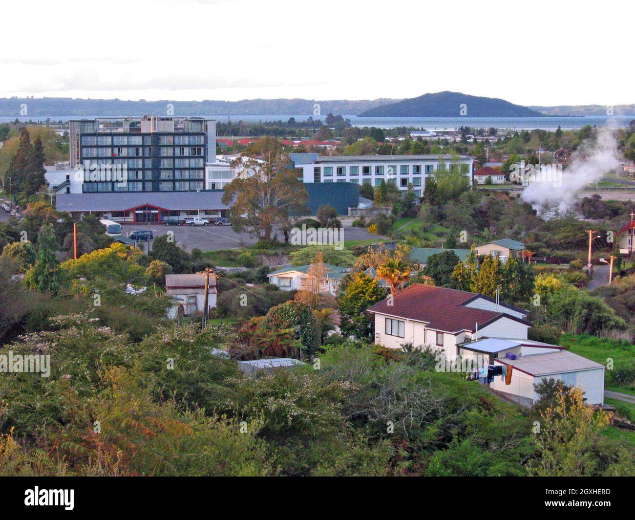 An overview of part of Rotorua, New Zealand shows Lake Rotorua in the ...