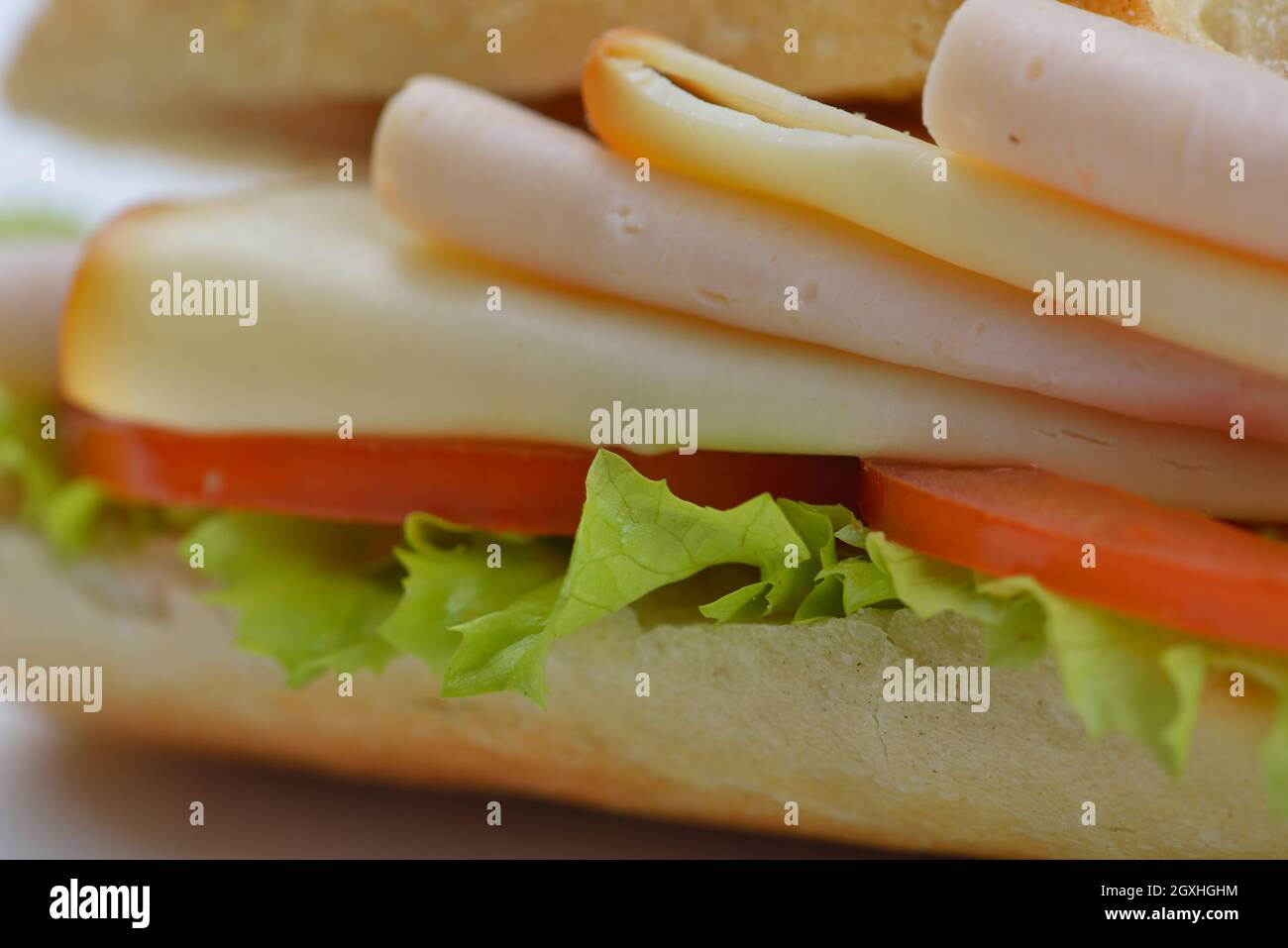 fresh sandwich close up with vegetables and meat fish isolated on white ...