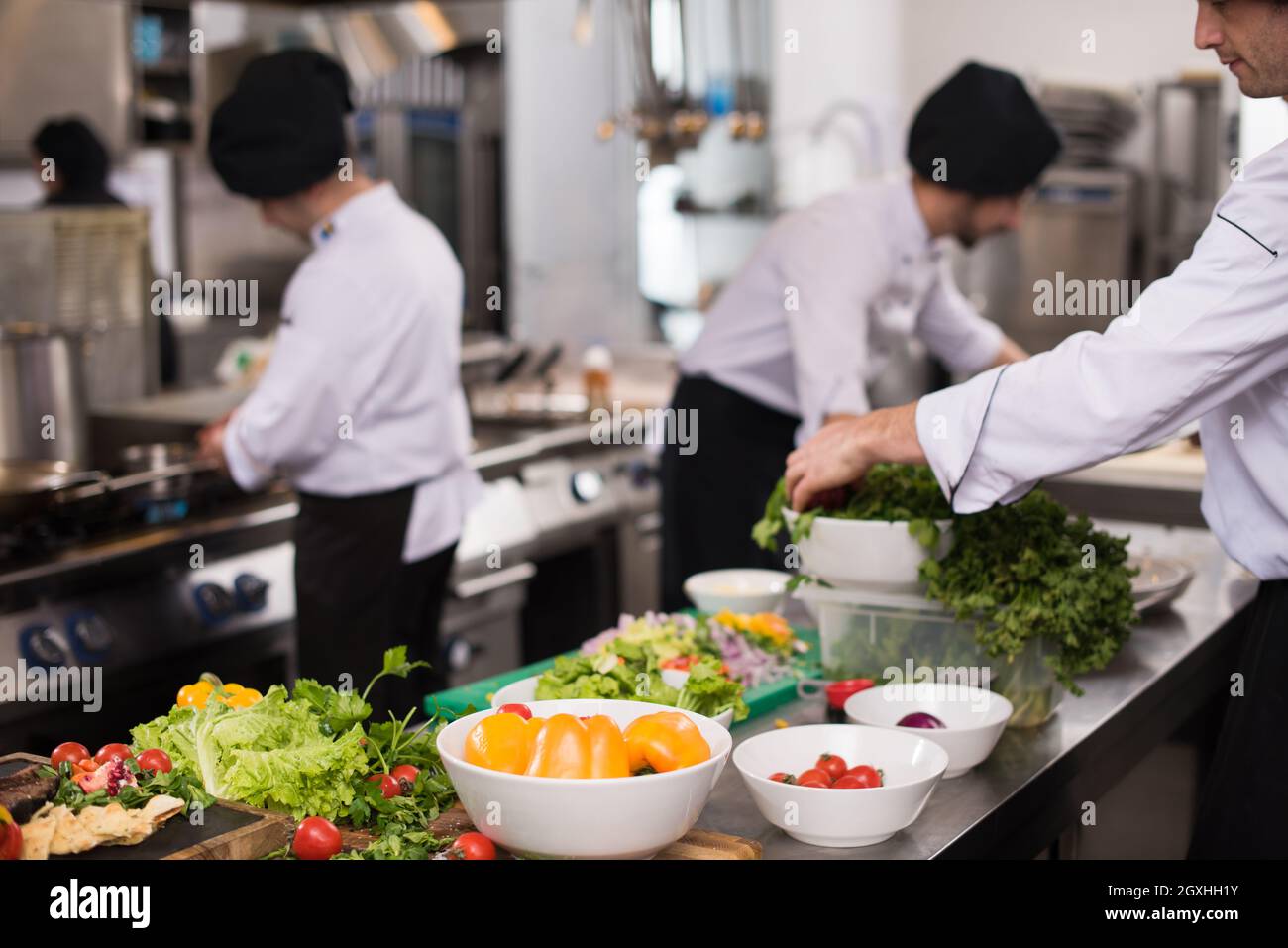 Professional team cooks and chefs preparing meals at busy hotel or ...