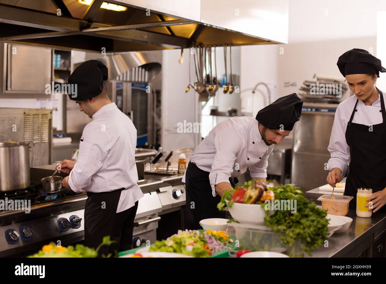 Professional team cooks and chefs preparing meal at busy hotel or ...