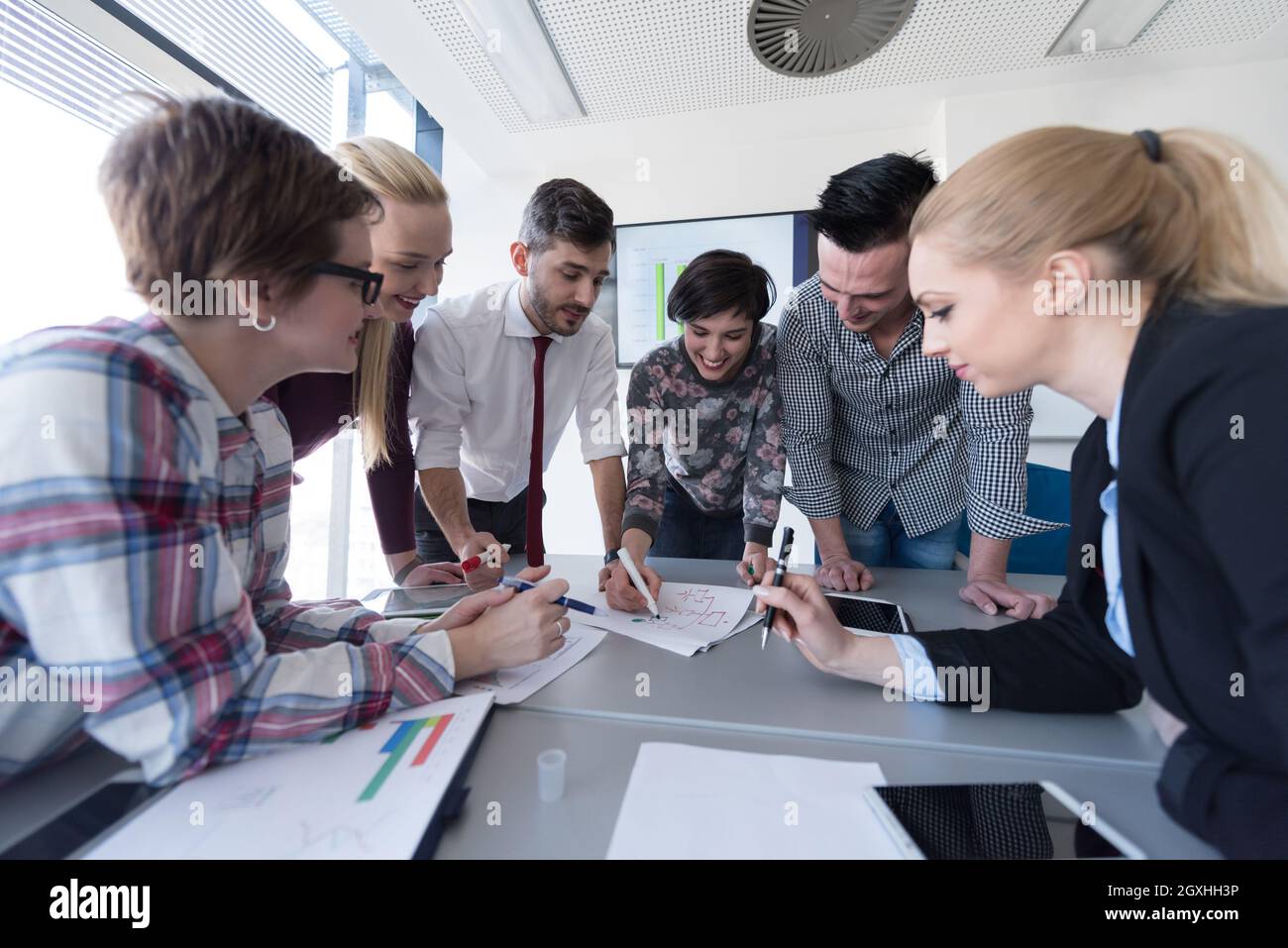 aerial top view of business people group brainstorming on meeting and ...