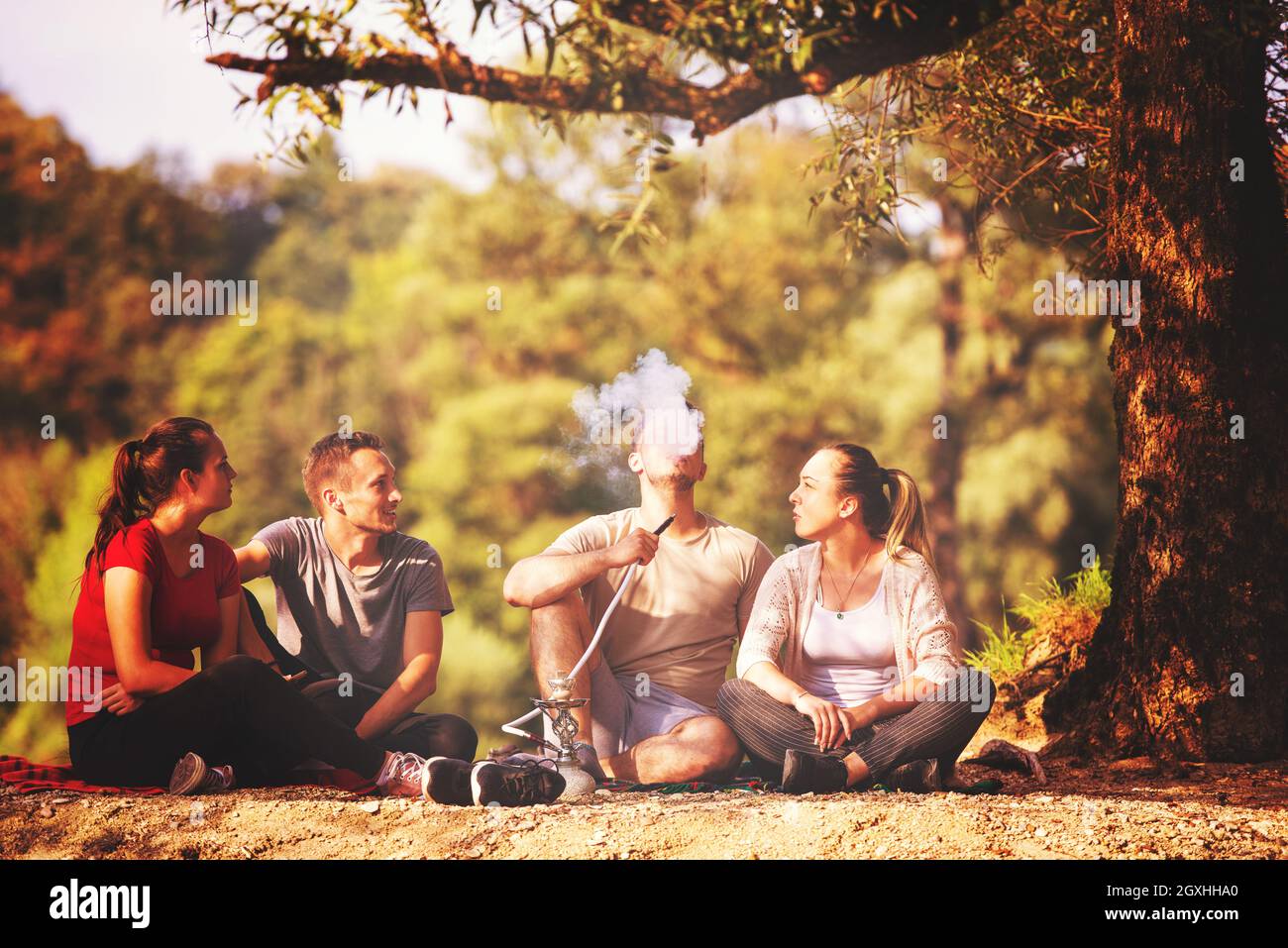 group of young friends enjoying beautiful sunny day while smoking ...