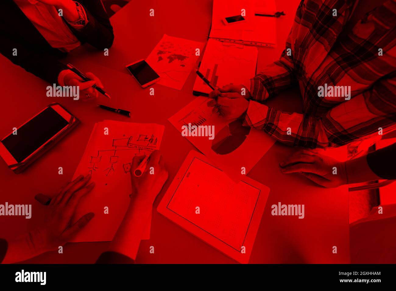 aerial top view of business people group brainstorming on meeting and ...