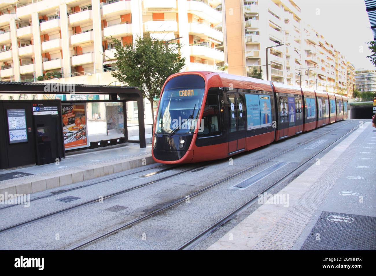 The electric tram in Nice, France offers punctual supply at the station ...