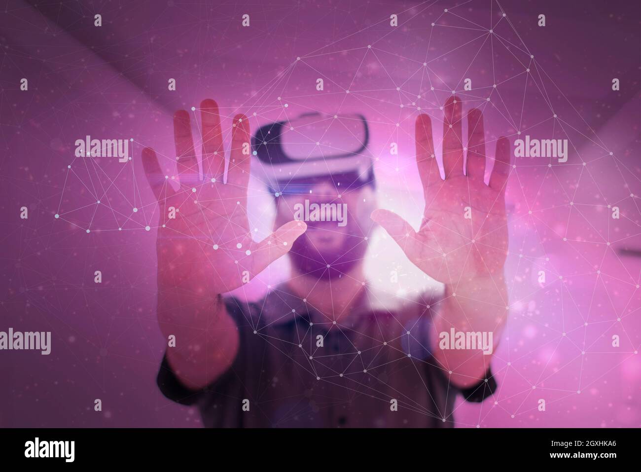 man trying virtual reality vr glasses at modern home with futuristic ...