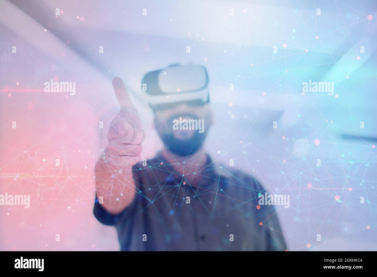 man trying virtual reality vr glasses at modern home with futuristic ...