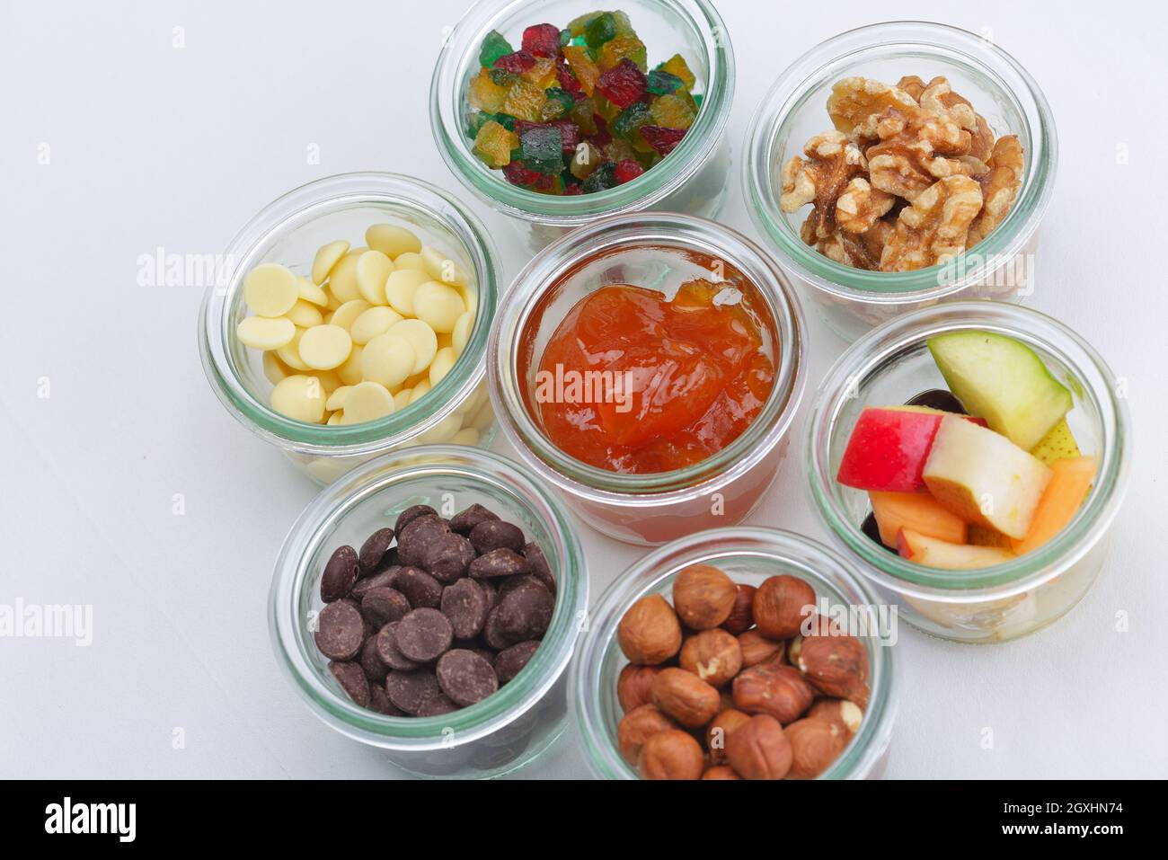 nuts and dry fruits mix healthy organic food mix in glass bowls ...