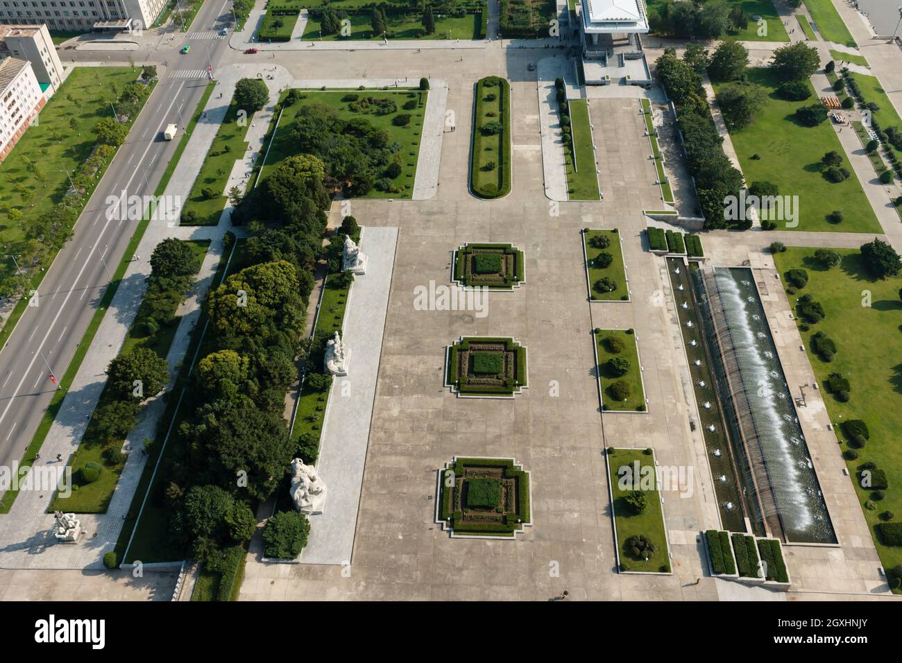 Juche tower. Top view of the park and Juche tower street. Pyongyang ...