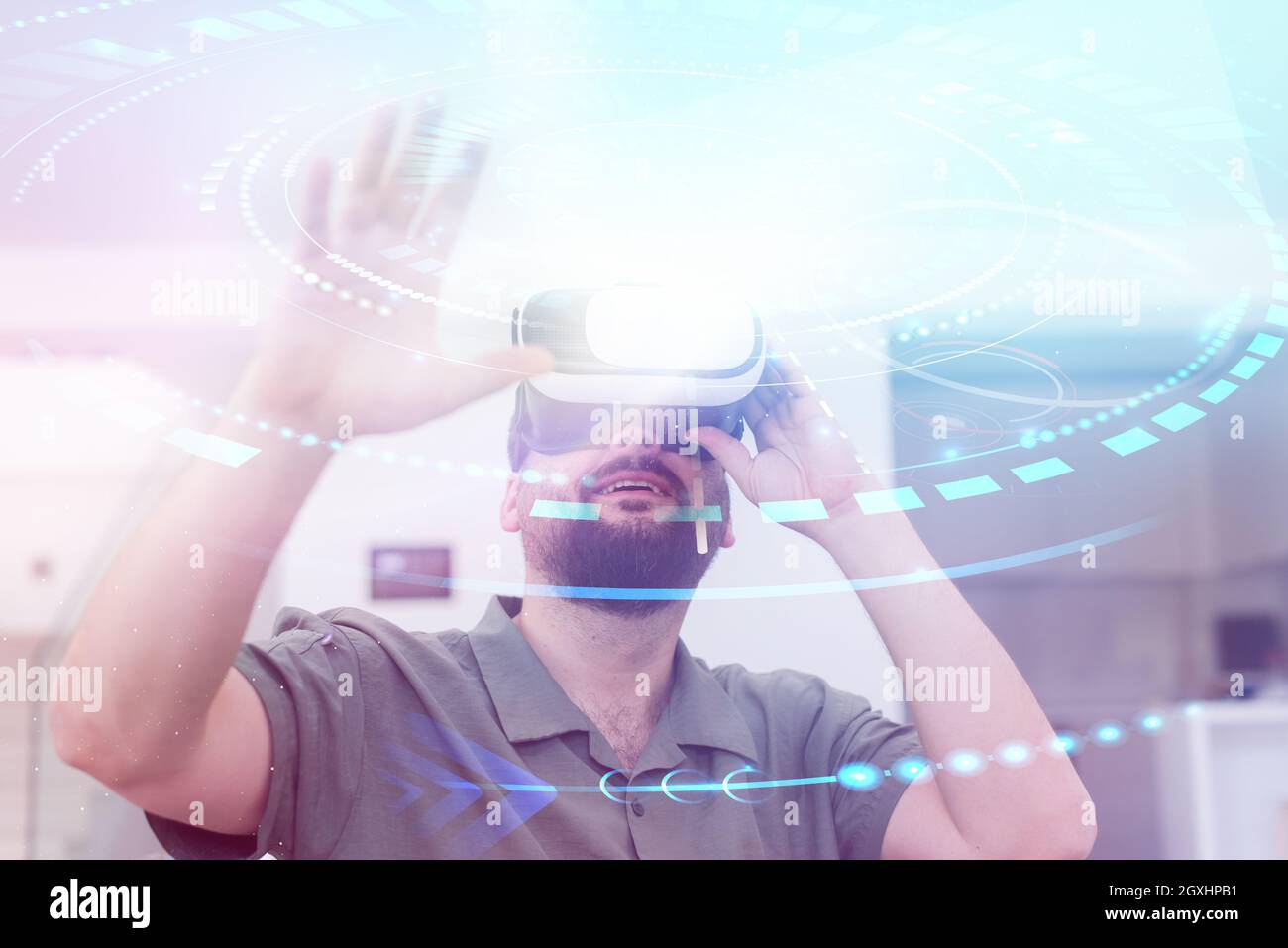 man trying virtual reality vr glasses at modern home with futuristic ...