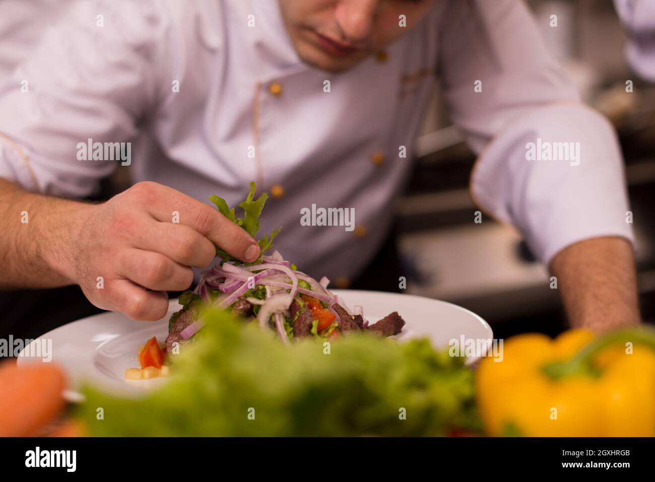 cook chef decorating garnishing prepared meal dish on the plate in ...