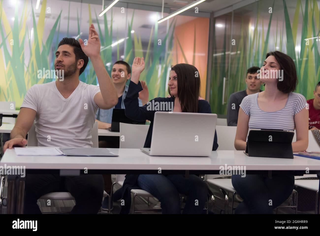 students group study together in school classroom and working together ...