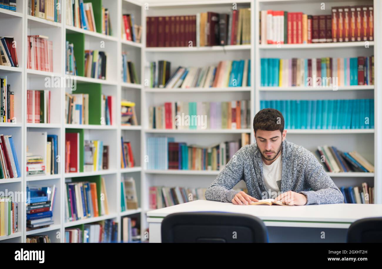 Portrait of happy student while reading book in school library. Study ...