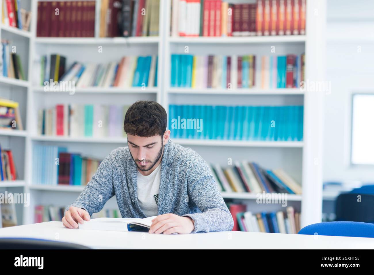 Portrait of happy student while reading book in school library. Study ...