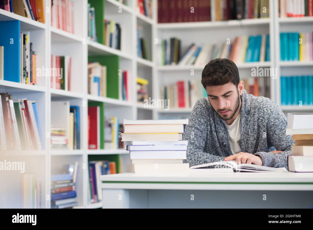 Portrait of happy student while reading book in school library. Study ...