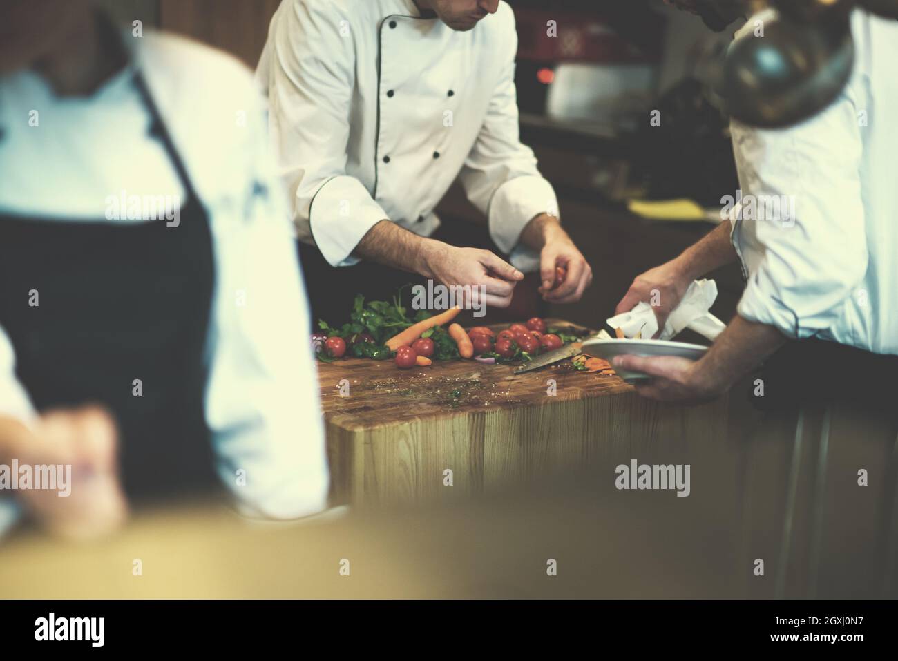 Professional team cooks and chefs preparing meal at busy hotel or ...