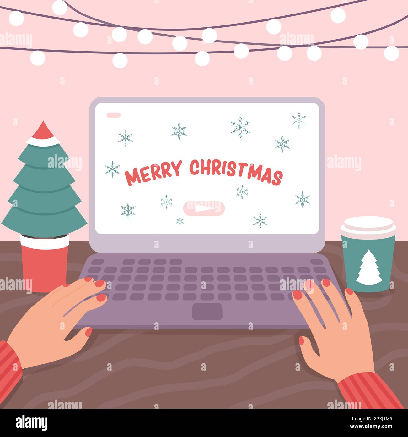 Christmas greeting on laptop monitor. Holiday decor around. New year ...