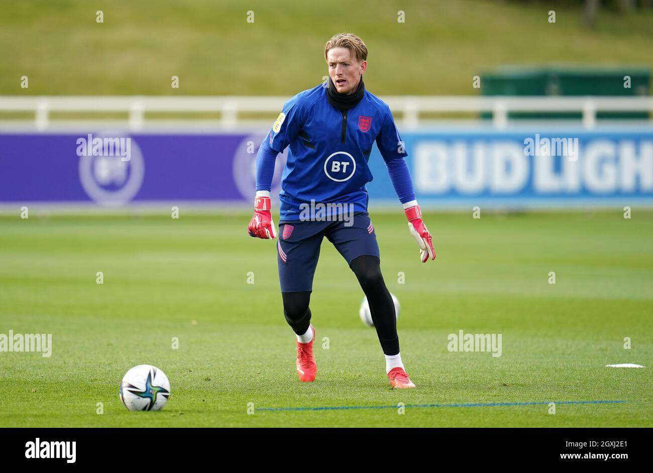 England goalkeeper Jordan Pickford during a training session at St ...