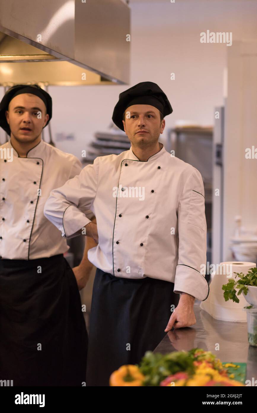 Portrait of two chefs standing together in commercial kitchen at ...