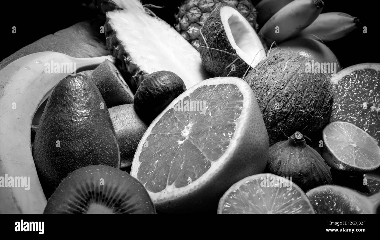 Black and white photo of exotic tropical fruits. concept of healthy ...
