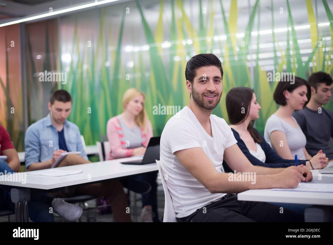 students group study together in school classroom and working together ...