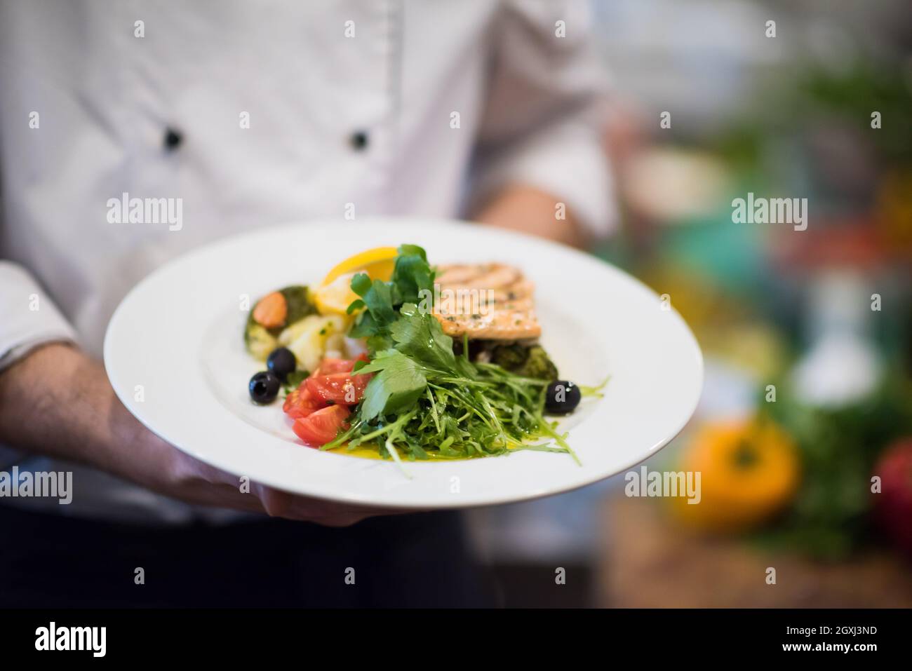 Chef hands holding fried Salmon fish fillet with vegetables for dinner ...