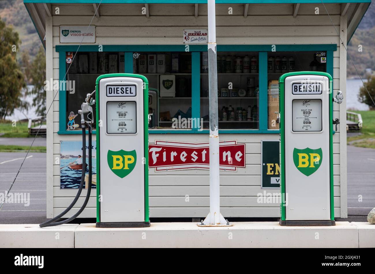 historical petrol station from BP with an old timer mobil Stock Photo ...