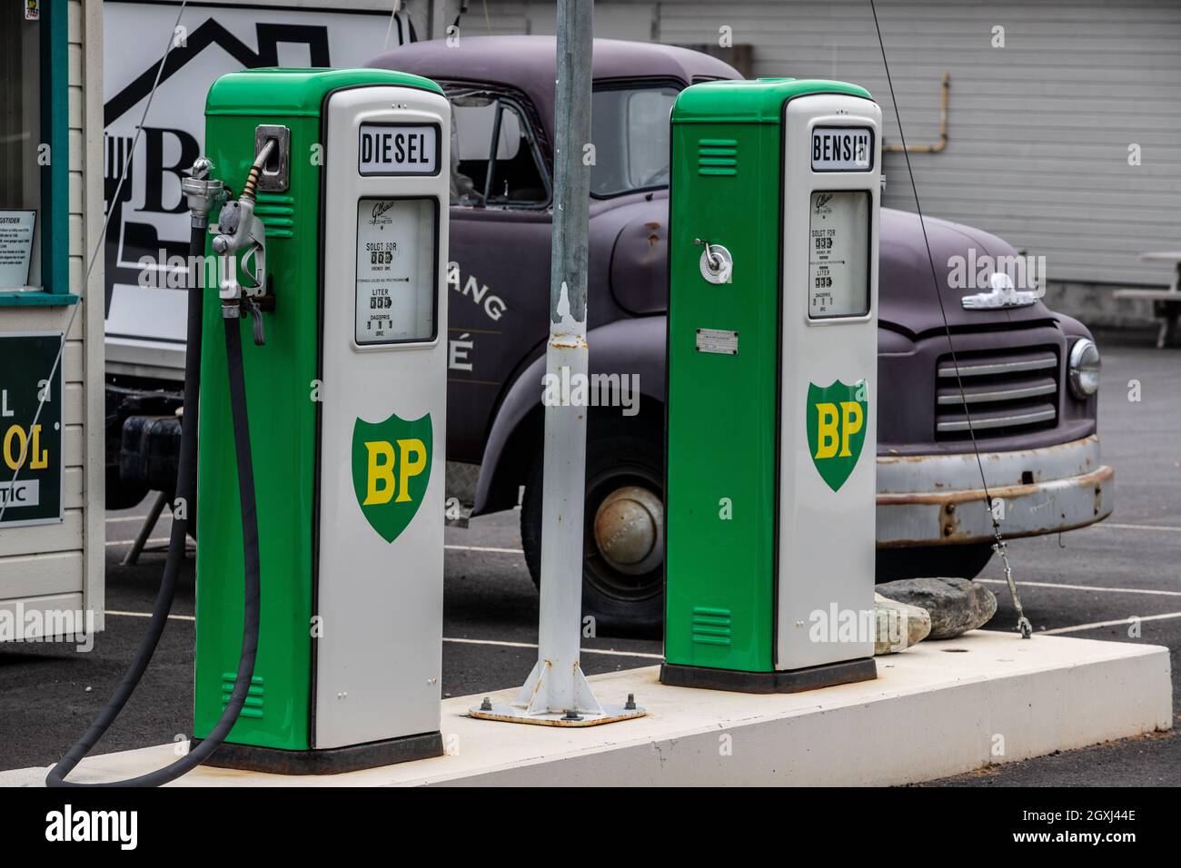 historical petrol station from BP with an old timer mobil Stock Photo ...