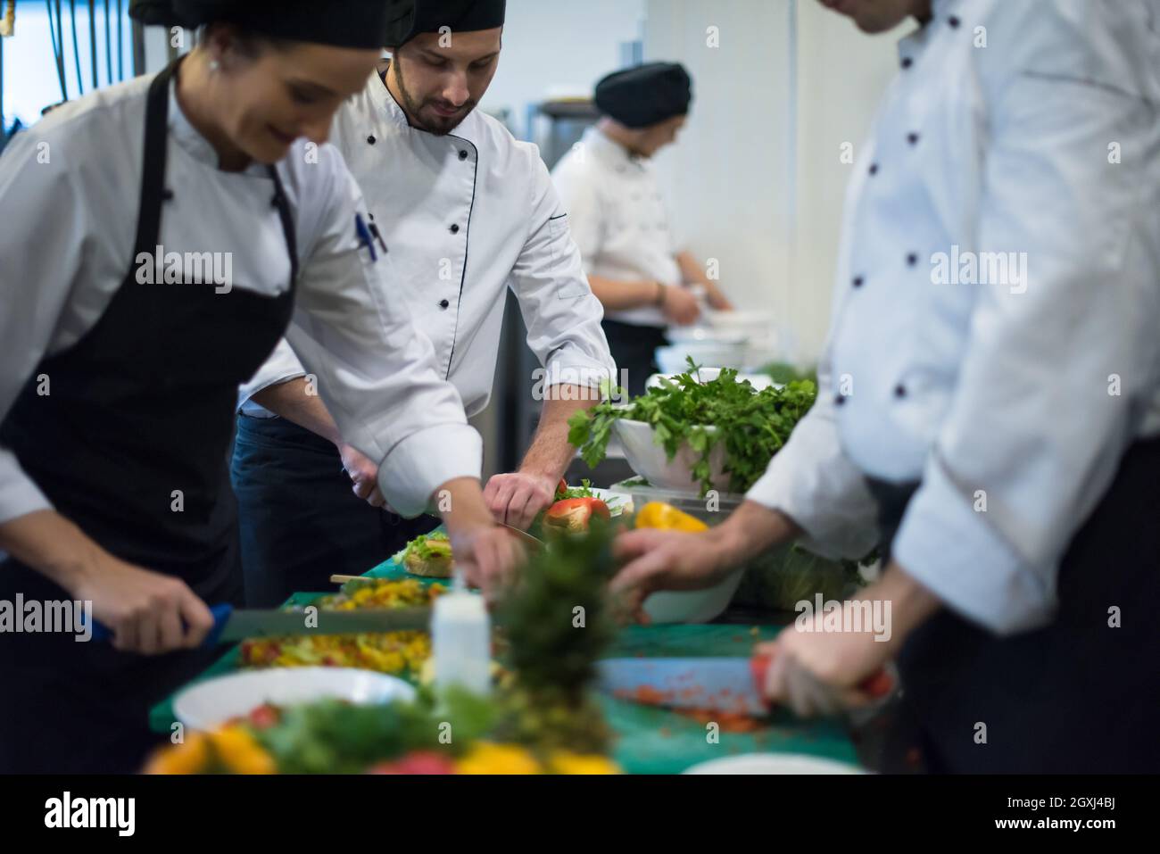 Professional team cooks and chefs preparing meals at busy hotel or ...