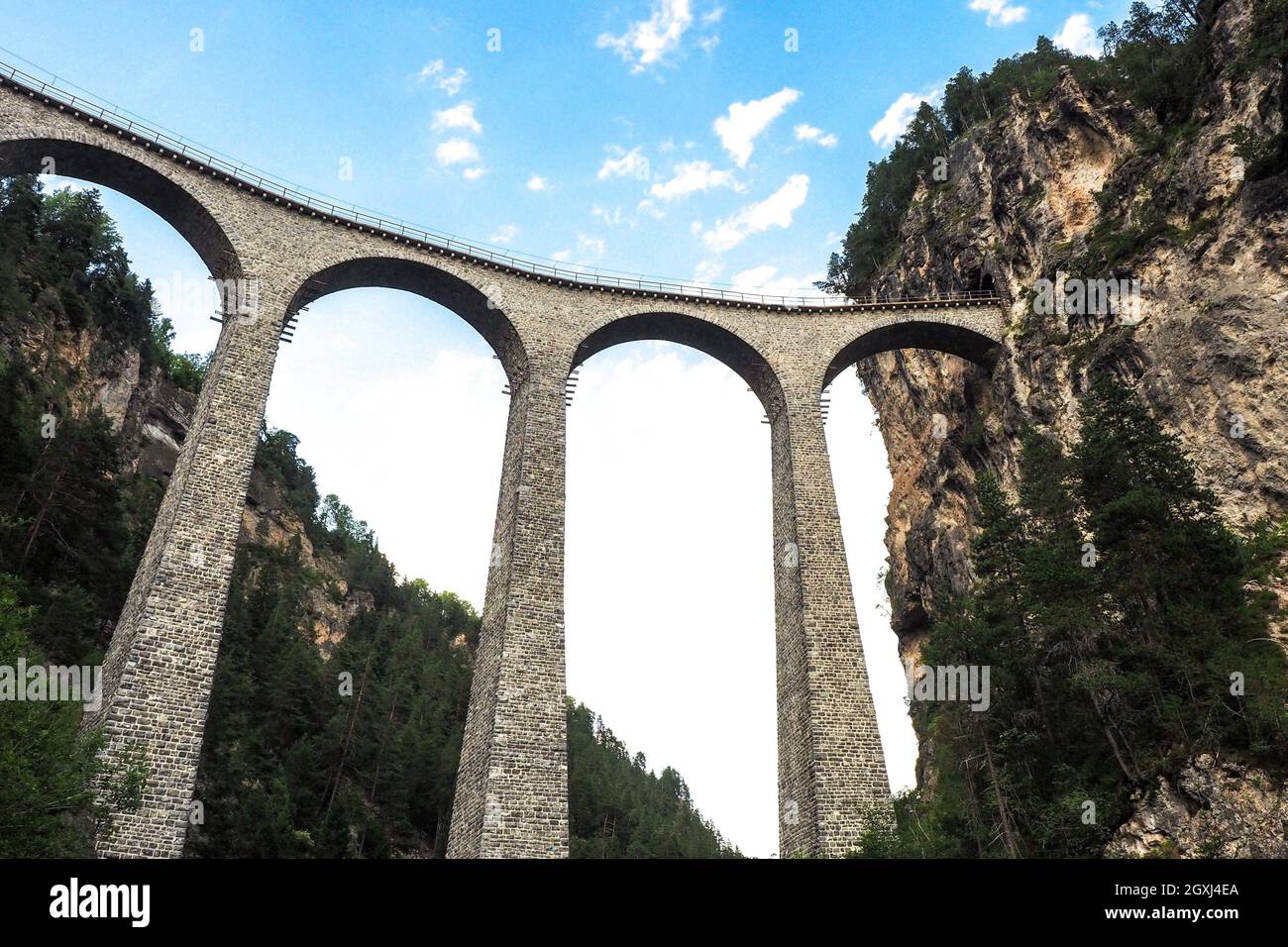 Landwasser Viaduct, single track, six-arched curved limestone railway ...