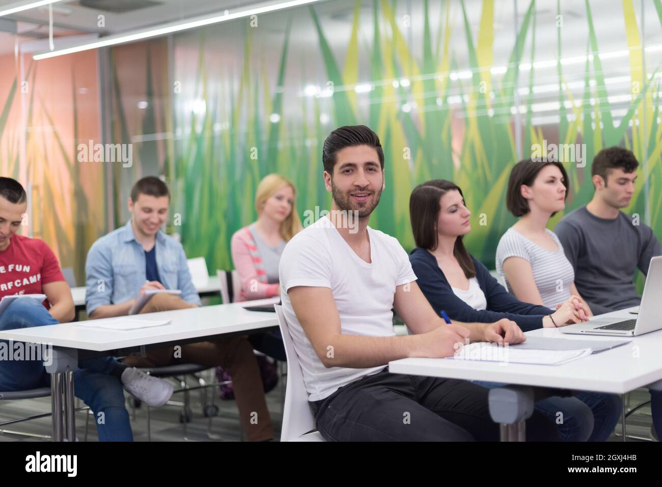 students group study together in school classroom and working together ...