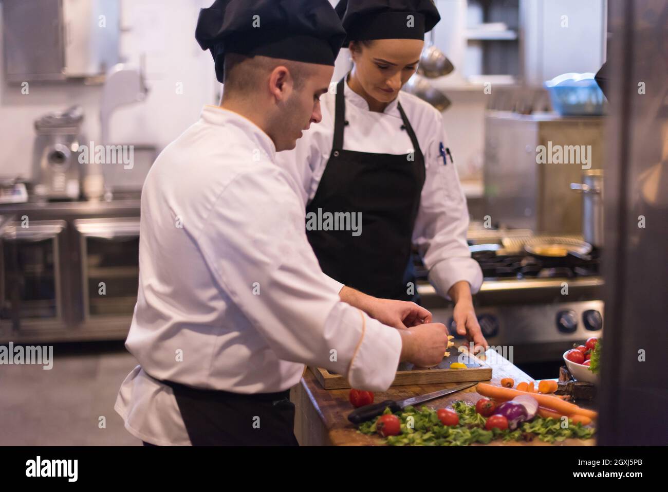 Professional team cooks and chefs preparing meal at busy hotel or ...
